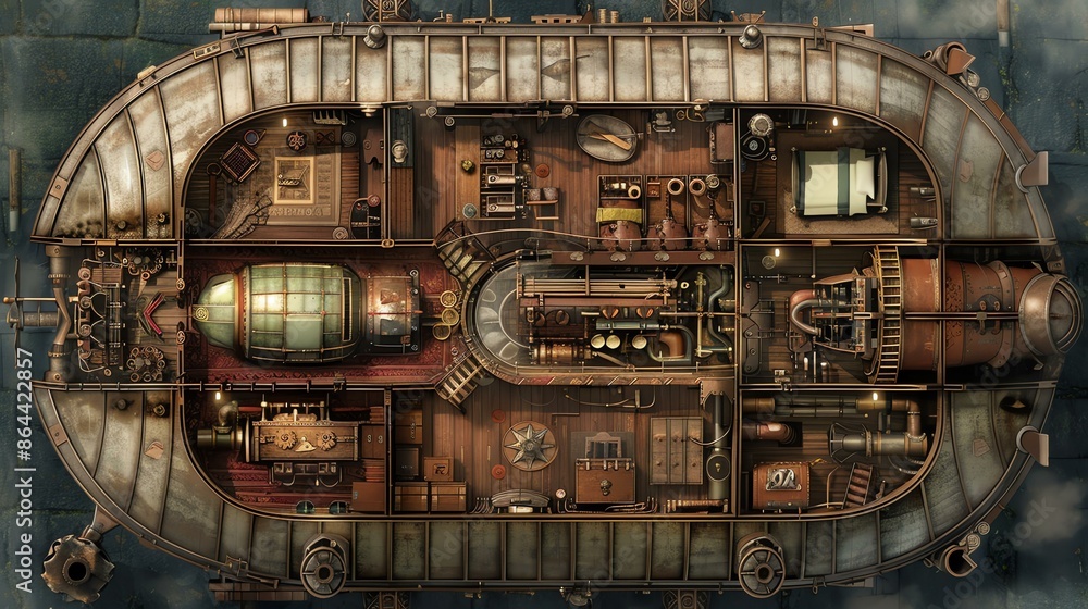 The image is a cross-section view of a steampunk airship. The airship ...