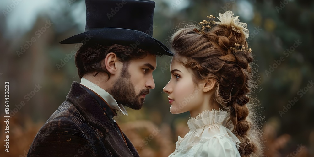 Victorian couple in profile facing each other in historical attire ...