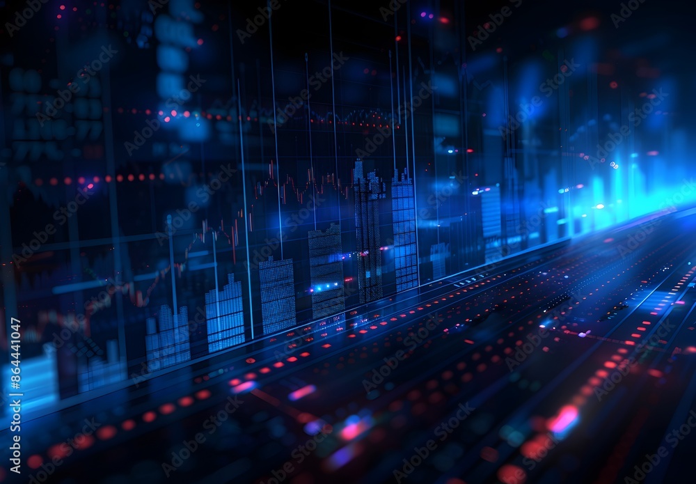digital background with stock market bar graph and line chart in blue ...