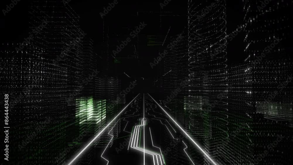 Inside a futuristic virtual world. Dark and green space. Following ...