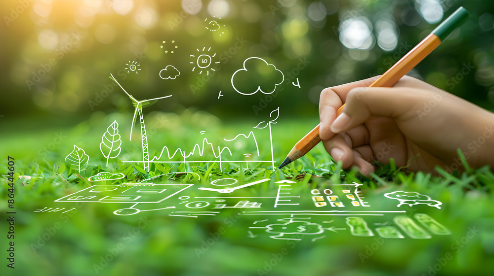 Hand-painted green energy symbols on lush grass convey sustainable ...