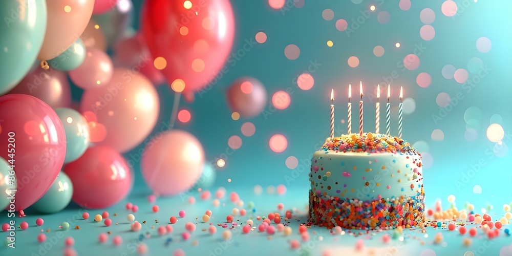 Colorful birthday background with balloons cake candles and text on ...
