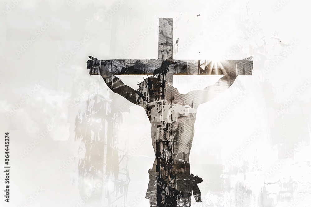This image depicts an artistic interpretation of the crucifixion, featuring a silhouette of a ...