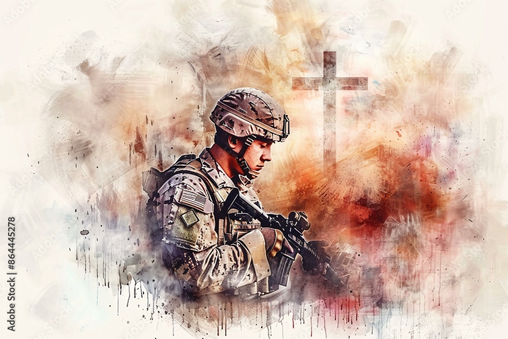 This image depicts an artistic interpretation of a soldier in uniform ...