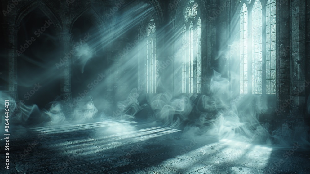 Mystical Light Beams Penetrating Through Gothic Church Windows in Dark ...