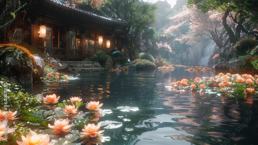 Tranquil Japanese garden with traditional wooden house and serene pond ...