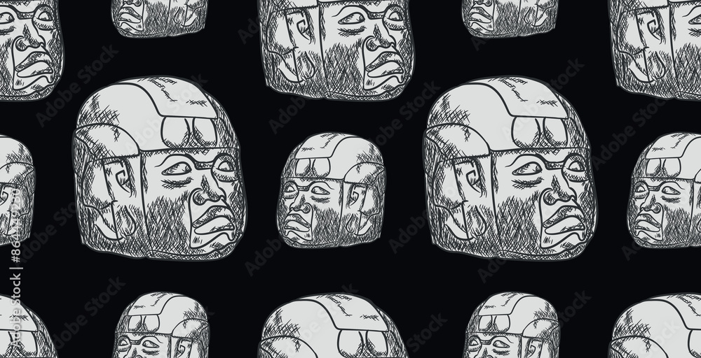 Beautiful hand drawing of Olmeca indigenous culture giant head seamless ...