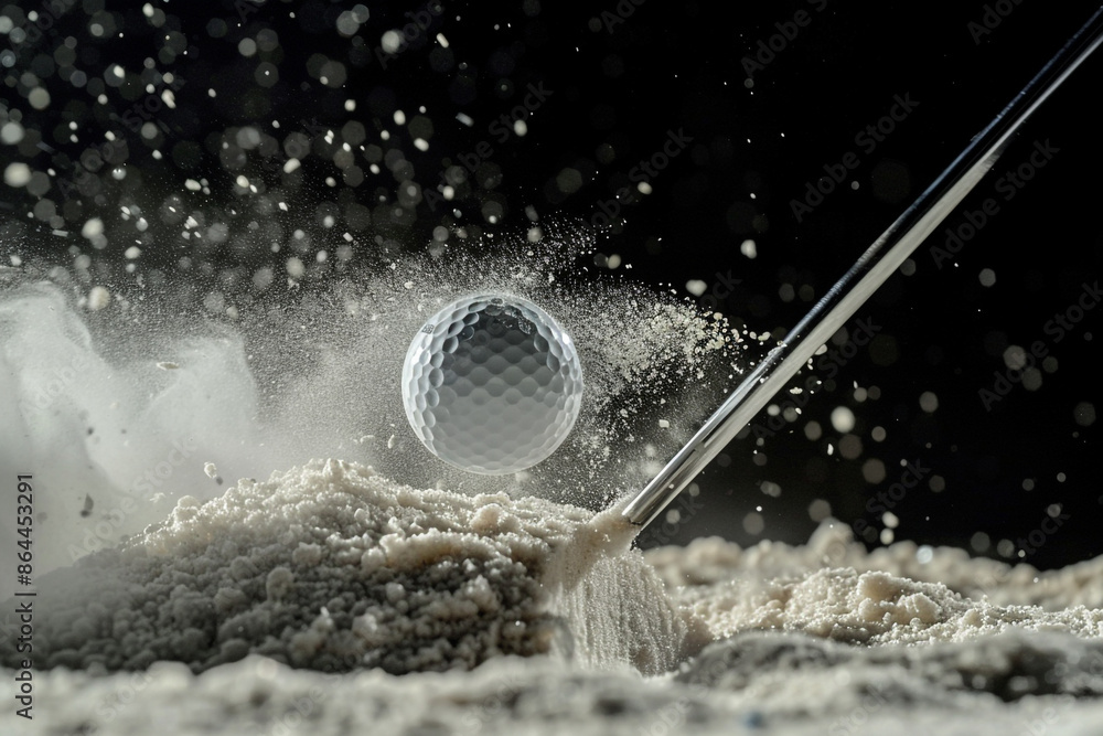 Golf ball tee explode from sand bunker. Golfer hit ball with club to ...