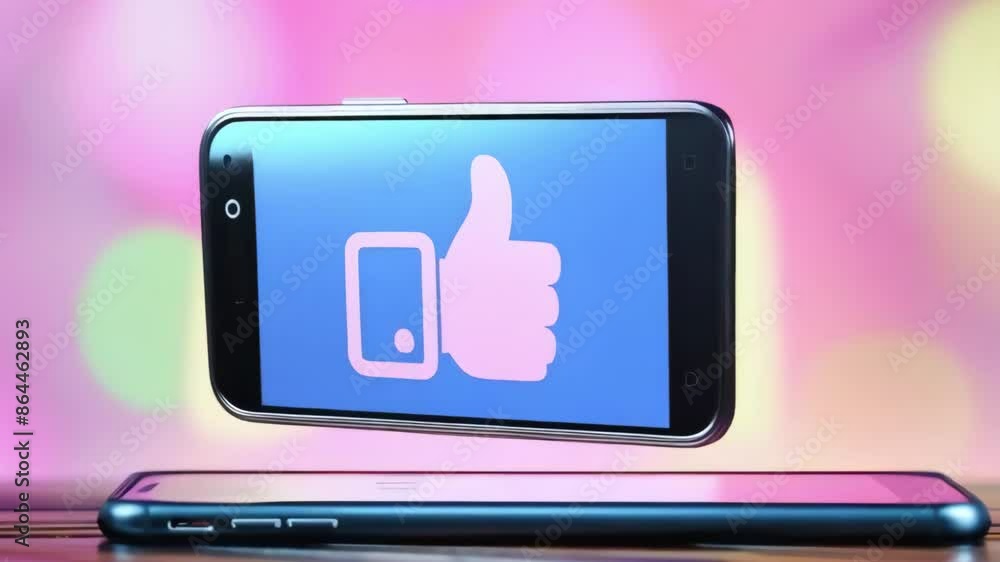 Thumb Up Emoji Like Hand Neon Symbol on phone screen colorful artistic ...