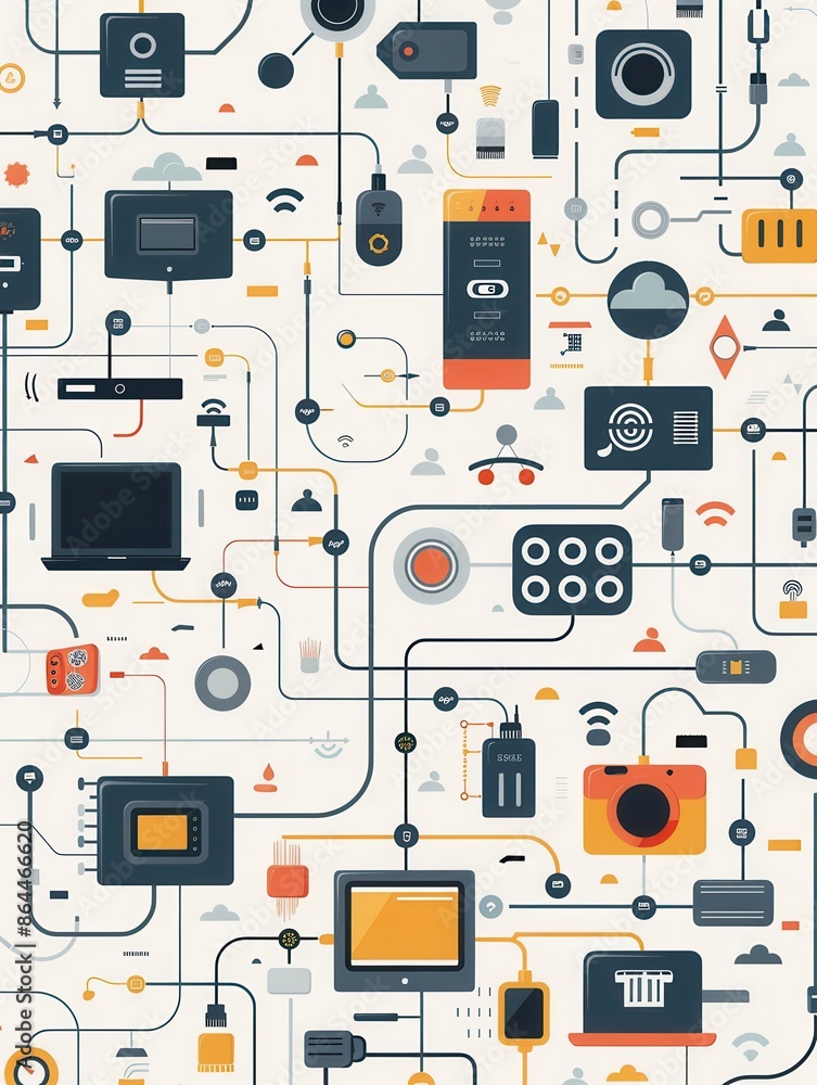 A vibrant illustration depicting various network devices, including ...