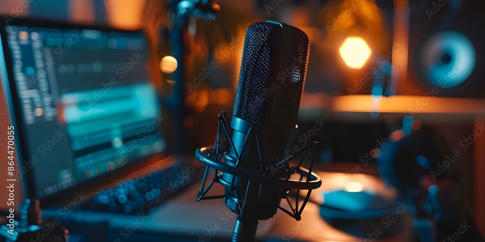 Ideal techoriented podcasting setup with backlit studio microphone and ...