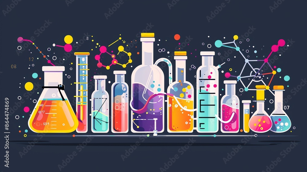 Chemistry lab background with colorful chemical flasks, beakers, test ...