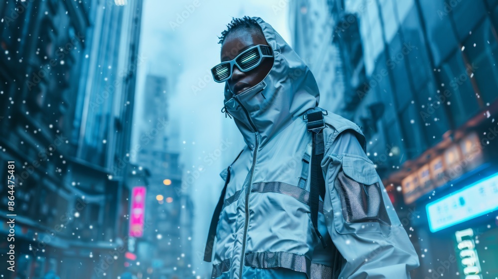 Photographic portrait, model in avant-garde techwear jacket and pants ...