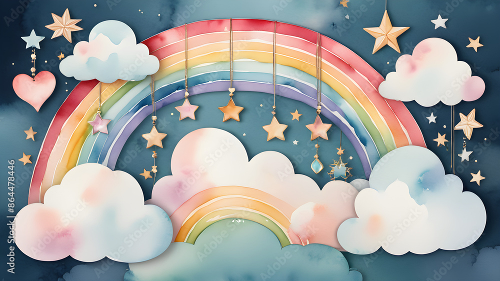 Watercolor hand painted boho rainbow clipart set with cloud, hearts ...