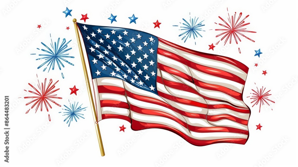 Clip art style illustration of a USA flag waving with 4th of July ...