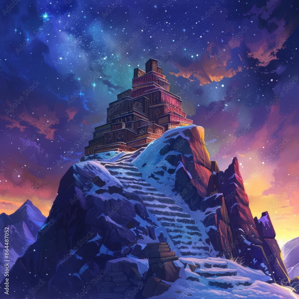Majestic 2D illustration of an altar of books on a mountain summit ...