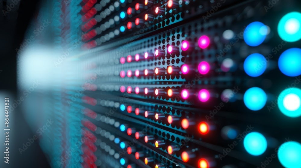 Illuminated control panel in a high-tech data center, rows of colorful ...