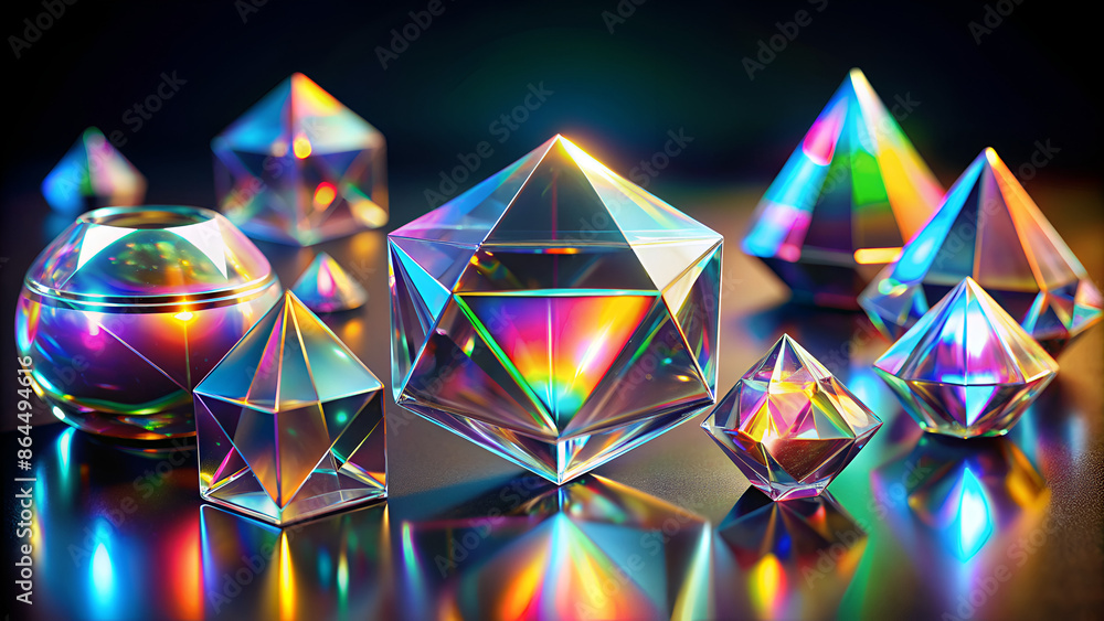 3d crystal glass shapes with refraction and holographic effect isolated ...