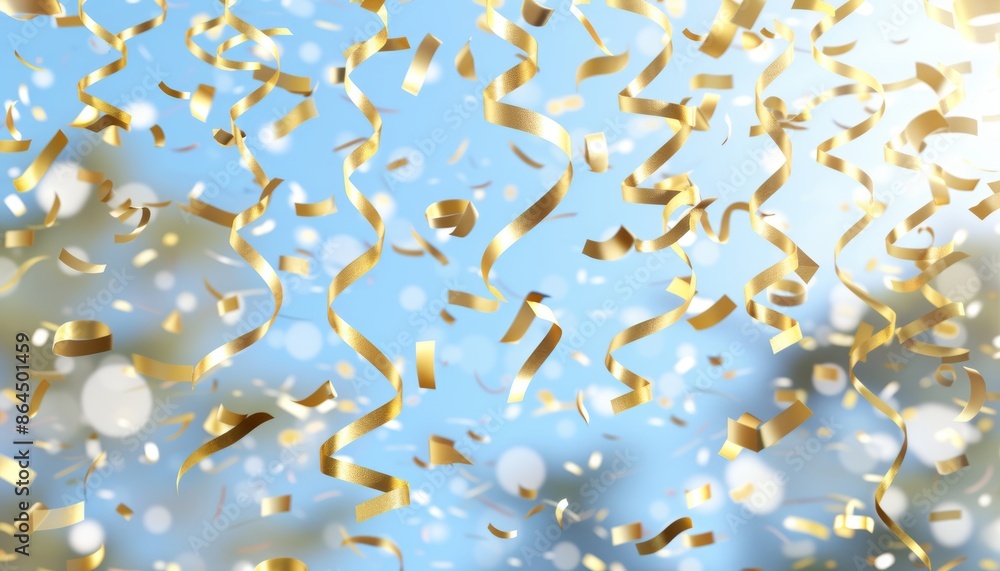 Elegant golden confetti shower on soft focus blue background for ...
