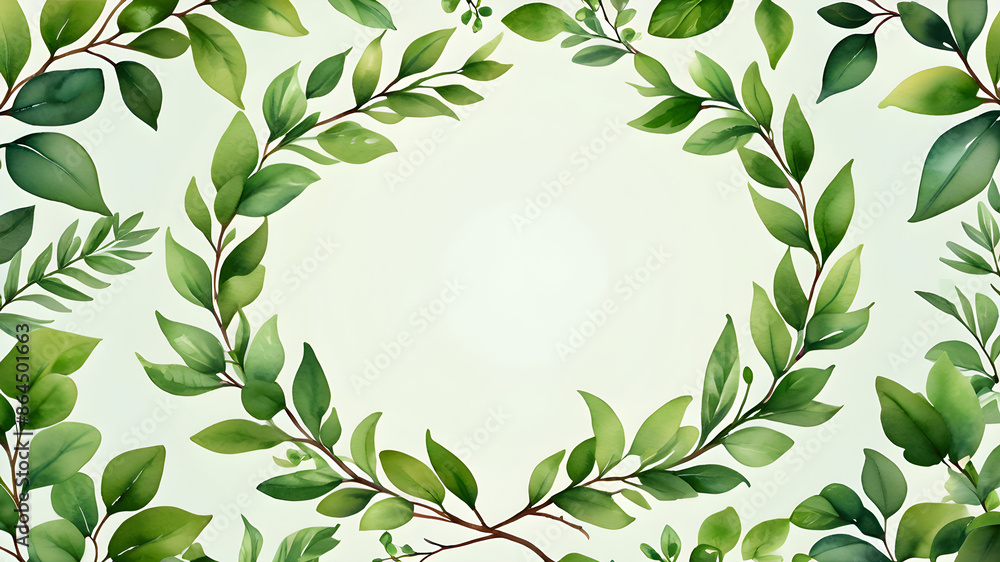 Watercolor illustrations. Botanical clipart. Wreath of green leaves and ...