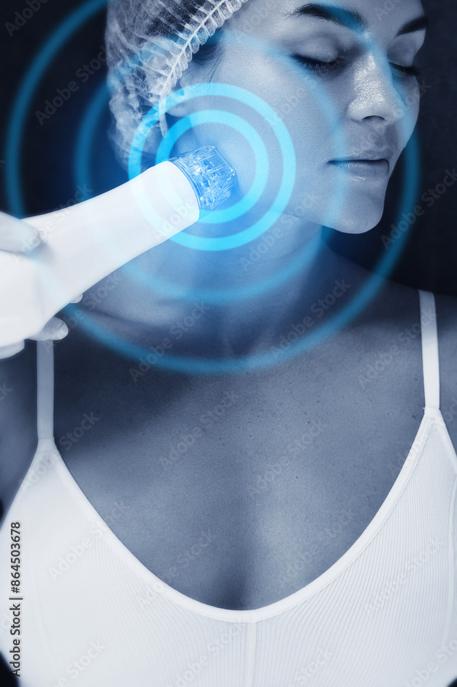 Radio frequency (RF) skin tightening on a female patient in a medical ...