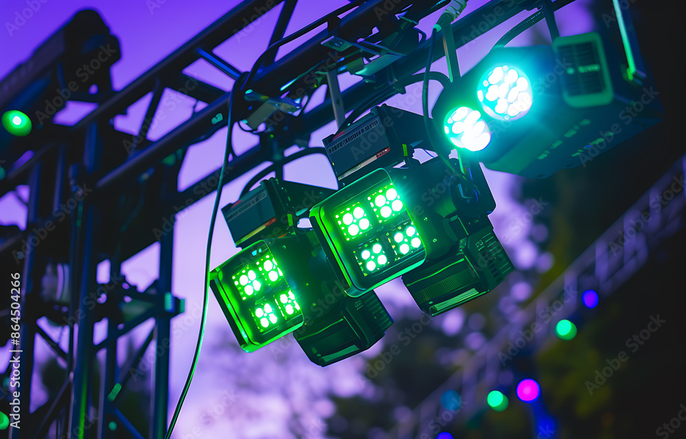 Closeup of light sound equipment outdoor stage lighting three green LED ...