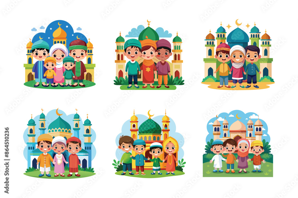 Happy cartoon Muslim kids vector in front of mosque Stock Vector ...
