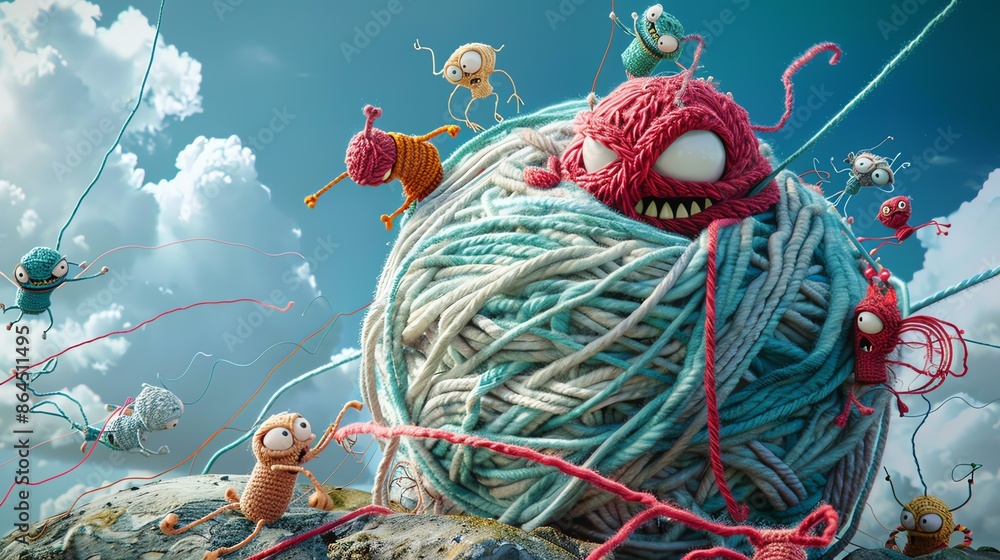Cute and colorful 3D illustration of a group of yarn creatures playing ...