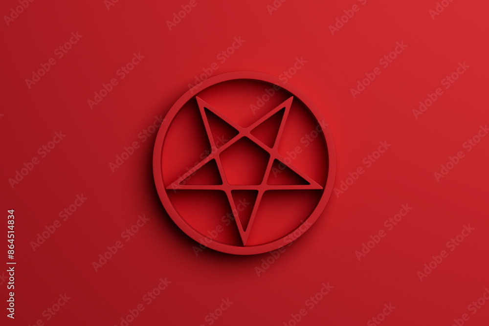 Deep red monochrome image depicting a pentacle or pentagram, an occult ...