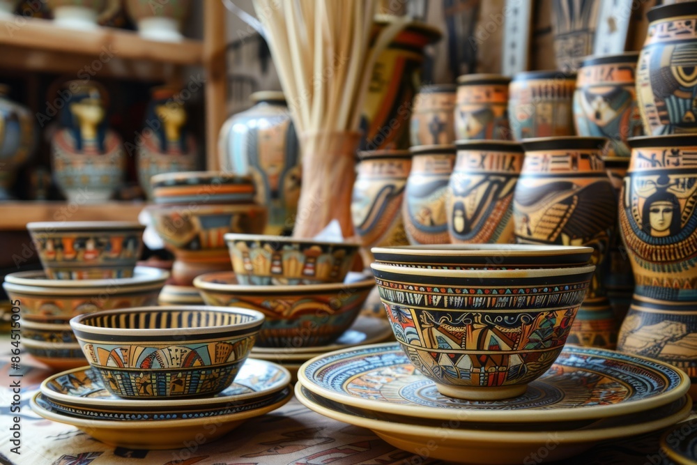 Ancient Egyptian style ceramic tableware displayed in shop. Close-up ...