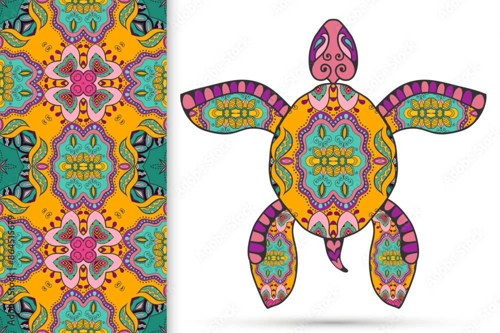 Decorative doodle turtle with ornament and colorful seamless hand drawn ...