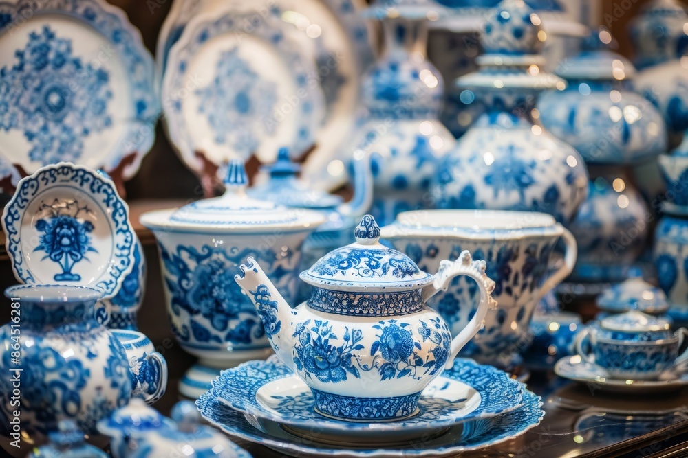 Gzhel. Assorted blue and white porcelain teaware set. Close-up of ...