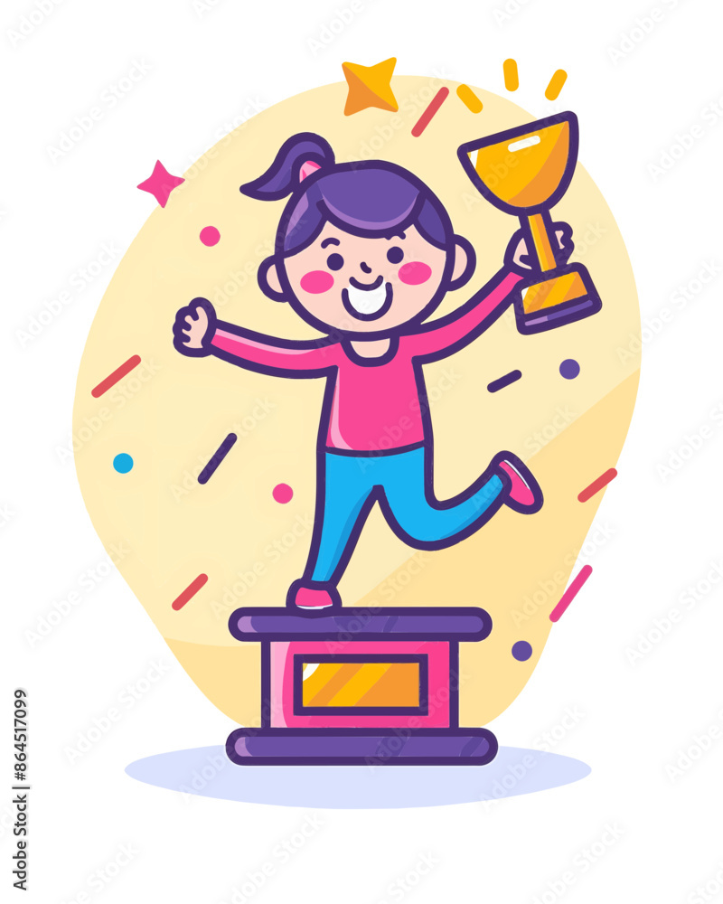 girl student extremely happy jumping holding gold championship trophy ...