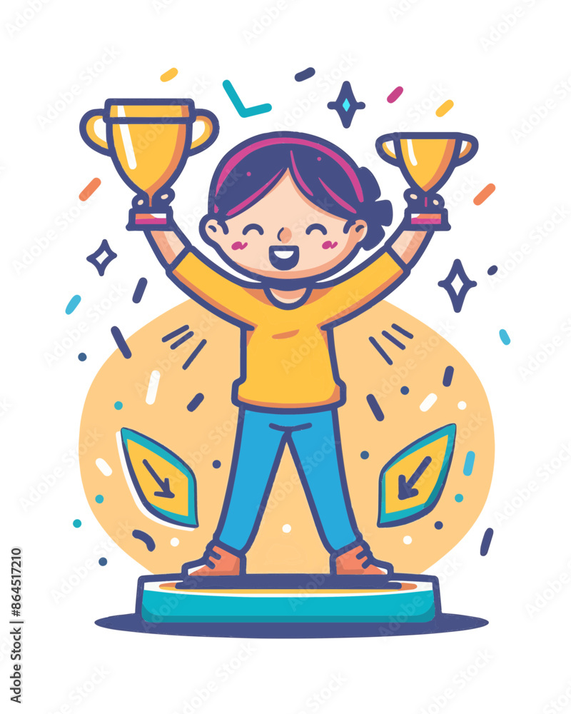 girl holding 2 gold trophies celebrating a win. Full hd 2.5d vector ...