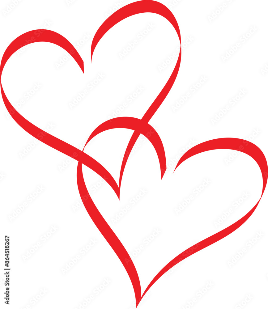 Two red hearts connected intertwined and joined together. Hand drawn ...