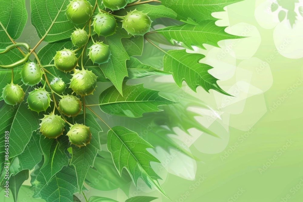 Green neem leaves and fruits on a branch. Digital botanical ...