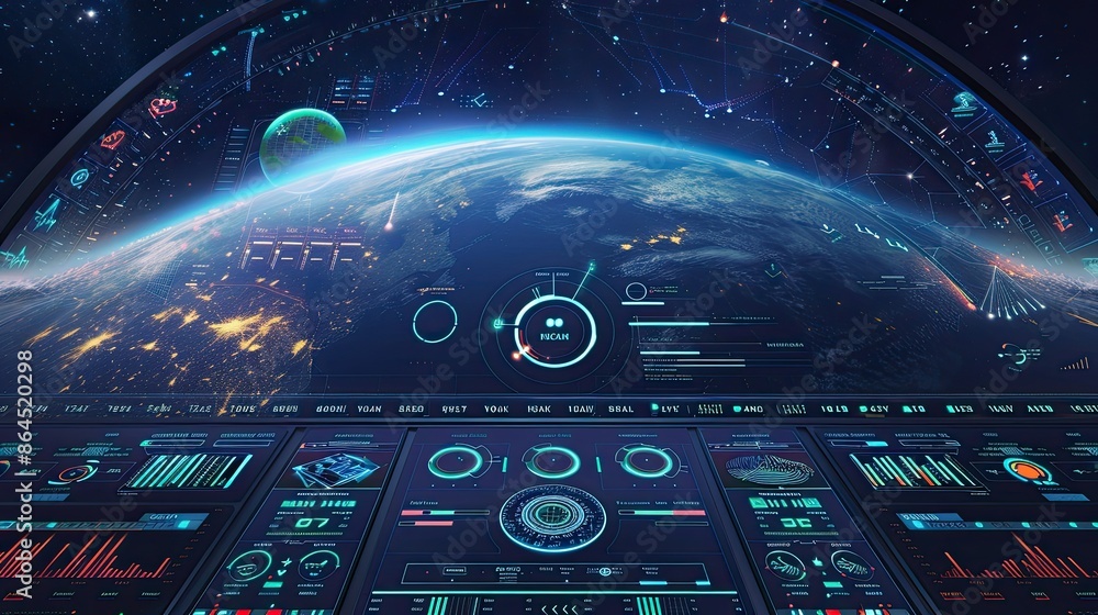 UI interface, earth globe, control center, command, game, with graphs Stock Illustration | Adobe ...