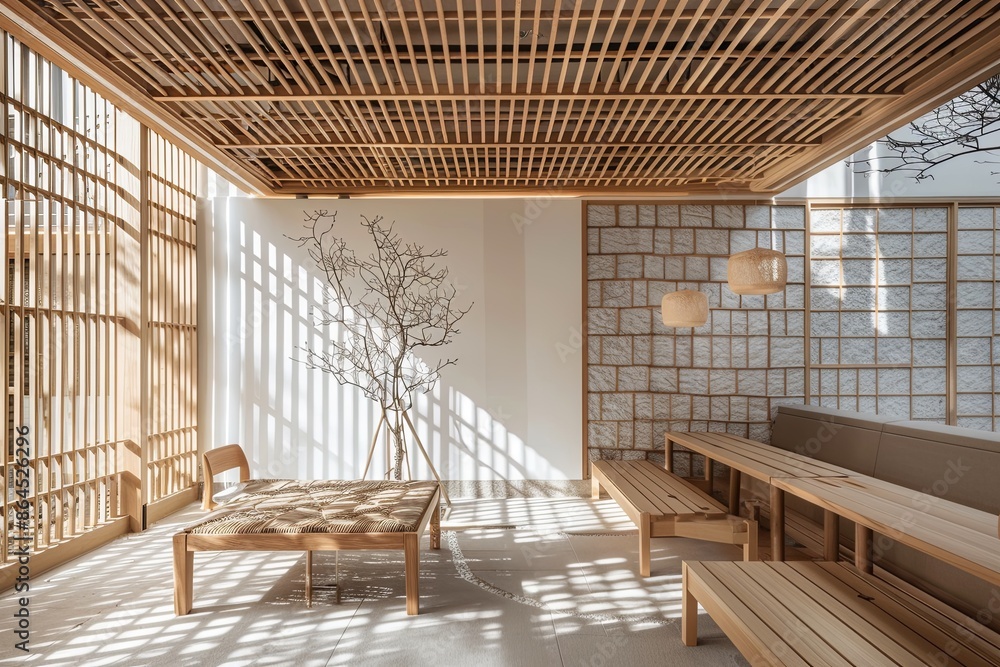 Modern Japanese Tea Room Interior Design With Stone Tiles and Wooden ...