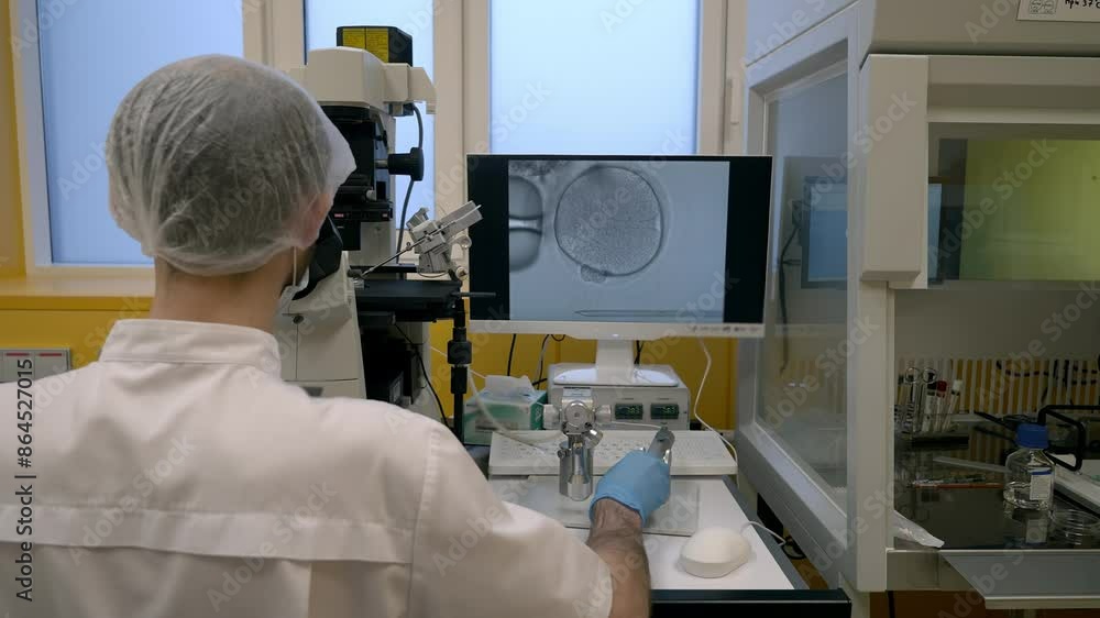 Examining the human egg under the microscope. Researcher inspecting the ...