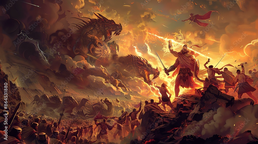 An epic battle scene with a powerful god-like figure standing in the ...