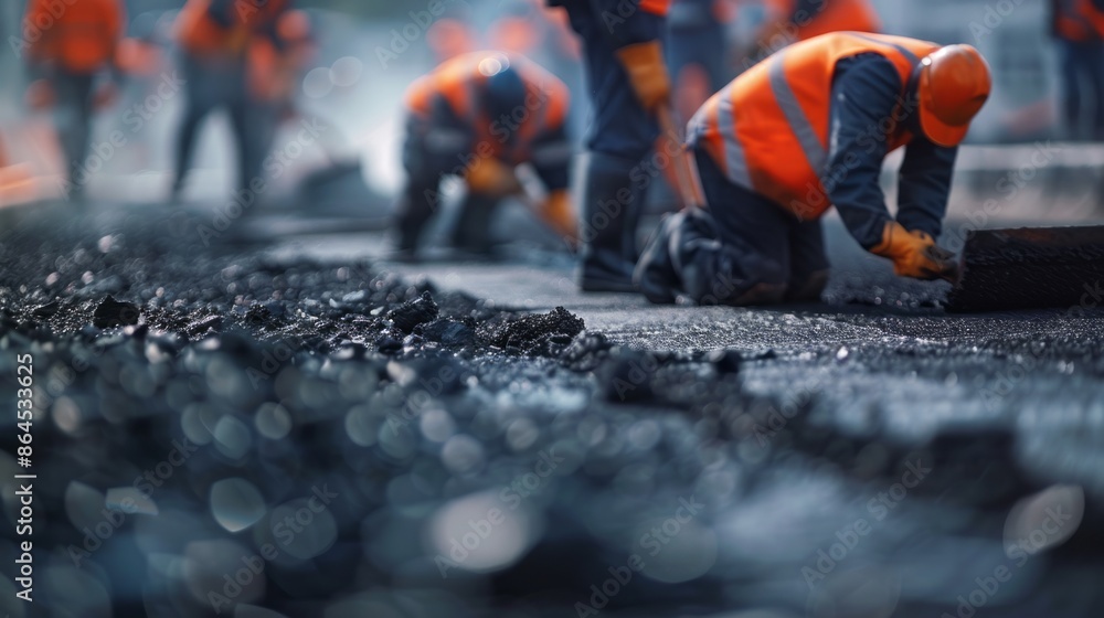 Teamwork of road workers, asphalt laying work on a construction site ...
