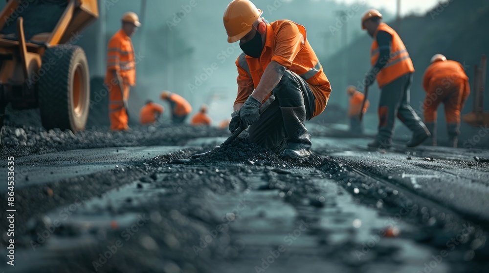 Teamwork of road workers, asphalt laying work on a construction site ...