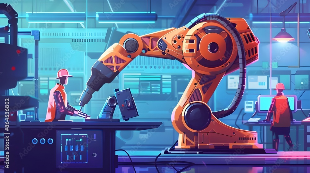 In smart factories, an engineer manager keeps an eye on and manages the automation of robot arms ...