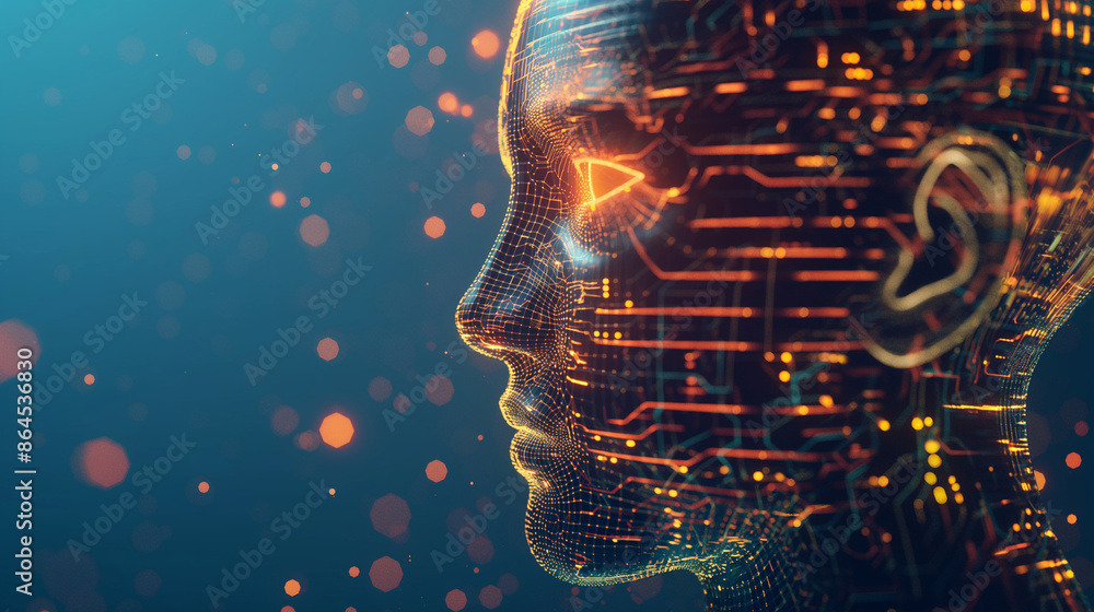 Artificial intelligence concept with a digitized human head filled with ...