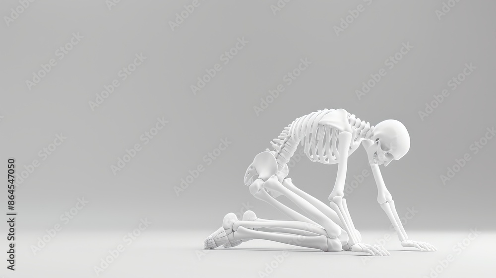 Minimalist 3D render of a human skeleton in a kneeling pose against a ...