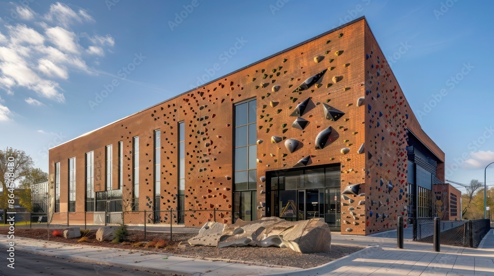 adventure sports center with a rugged, climbing wall-style brick facade ...