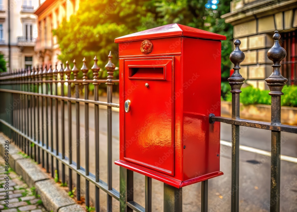 A bright red postal box stands alone on a urban sidewalk, its metal ...