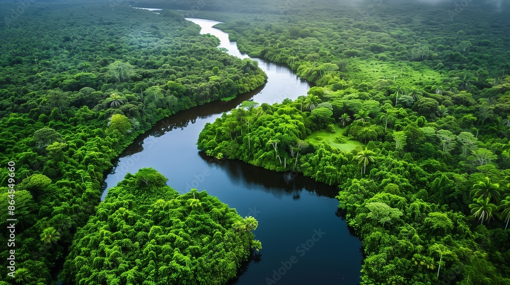 Travel through the Amazon rainforest with a river flowing through the ...