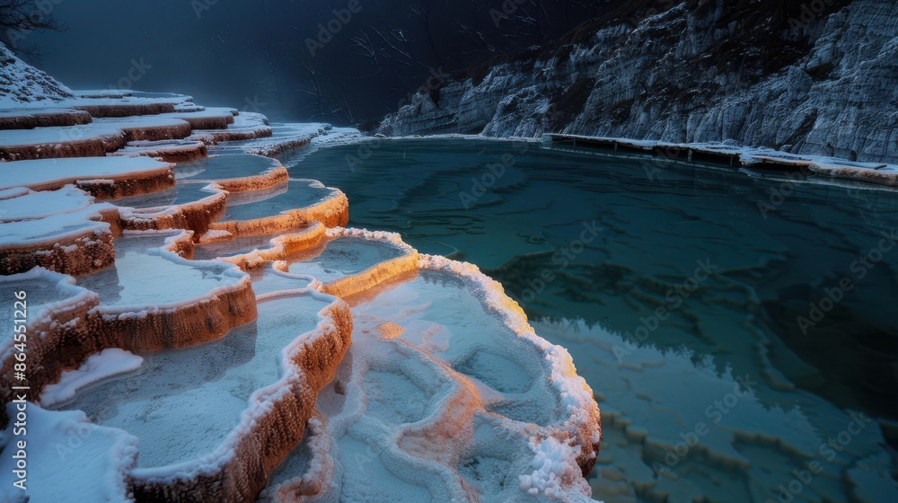 Cascading hot springs of travertine terraces, with limestone formations ...