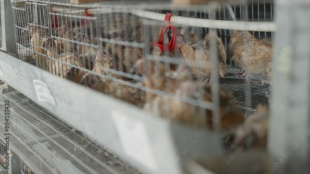Raising little birds inside the metal cages at the husbandry ranch ...
